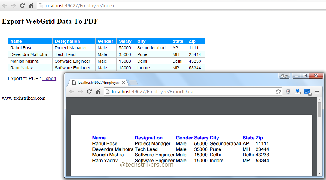 Export To Excel From Webgrid In Aspnet Mvc5 And Entity Framework 6 Webgrid Export To Excel In